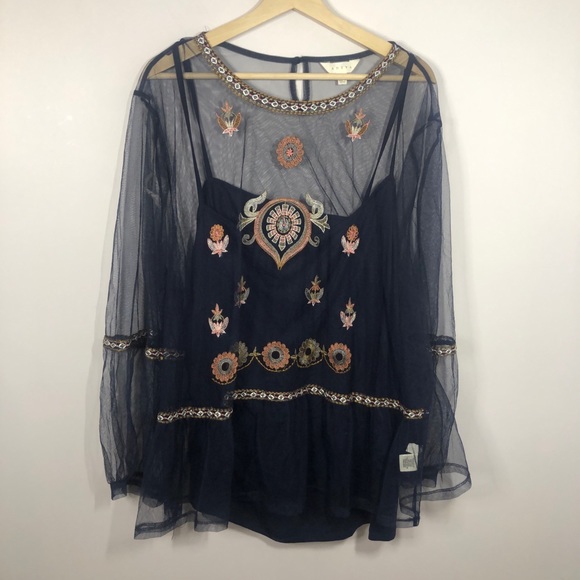 Adiva | Tops | Adiva Navy Blue Embroidered Sheer Top | Poshmark